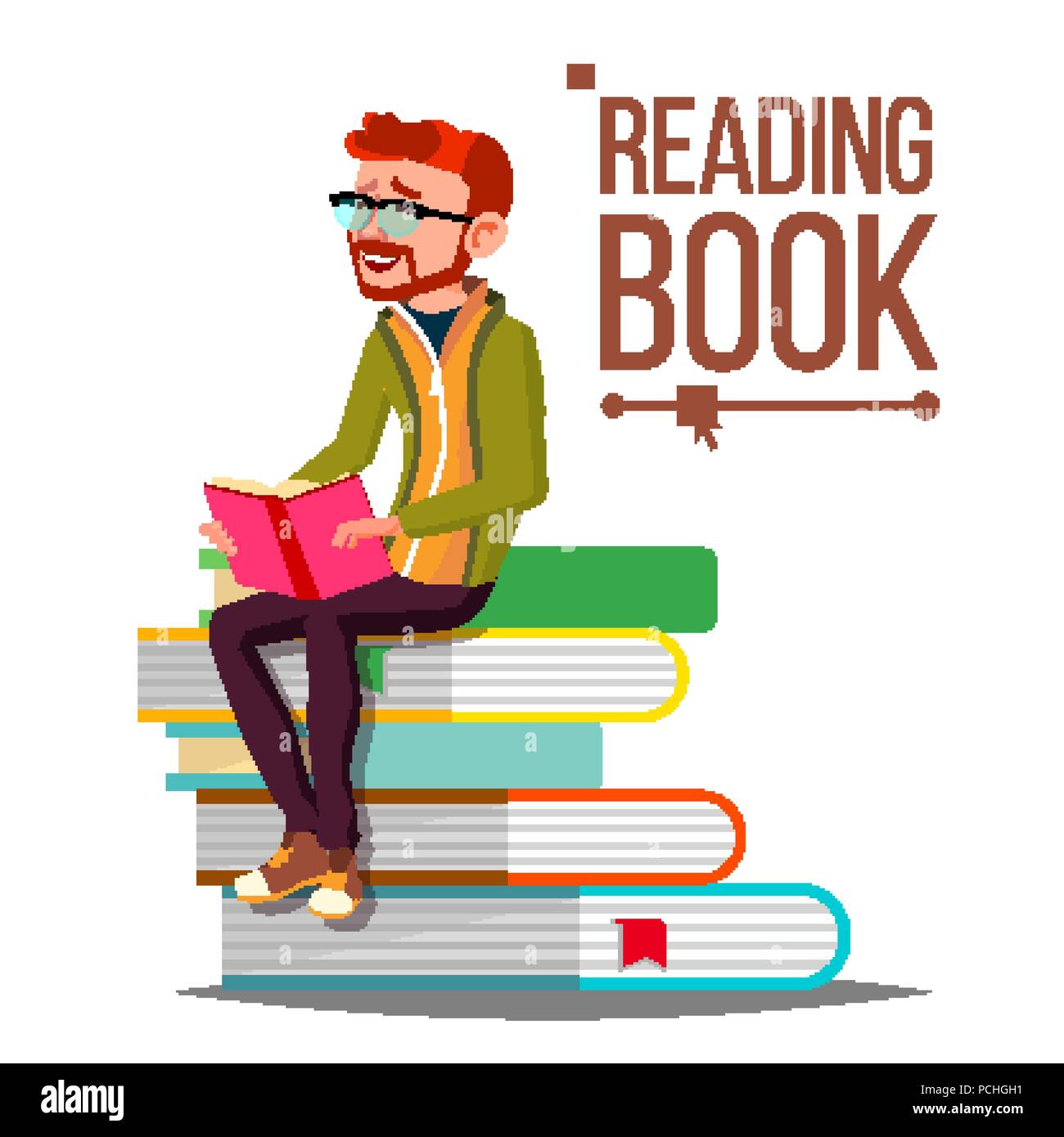 Man Reading Book Vector. Giant Stack Of Books. Library. Learning ...