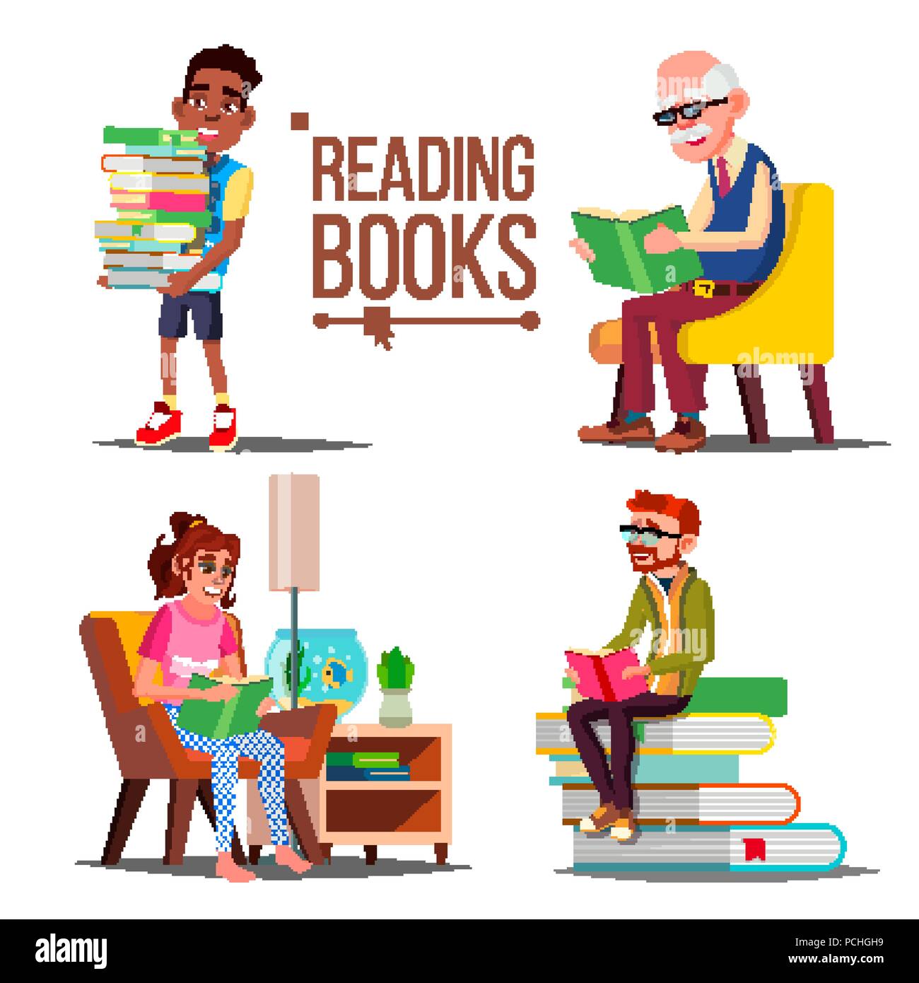 People Reading Books Vector. Big Stack Of Books. Education. Paper Book ...