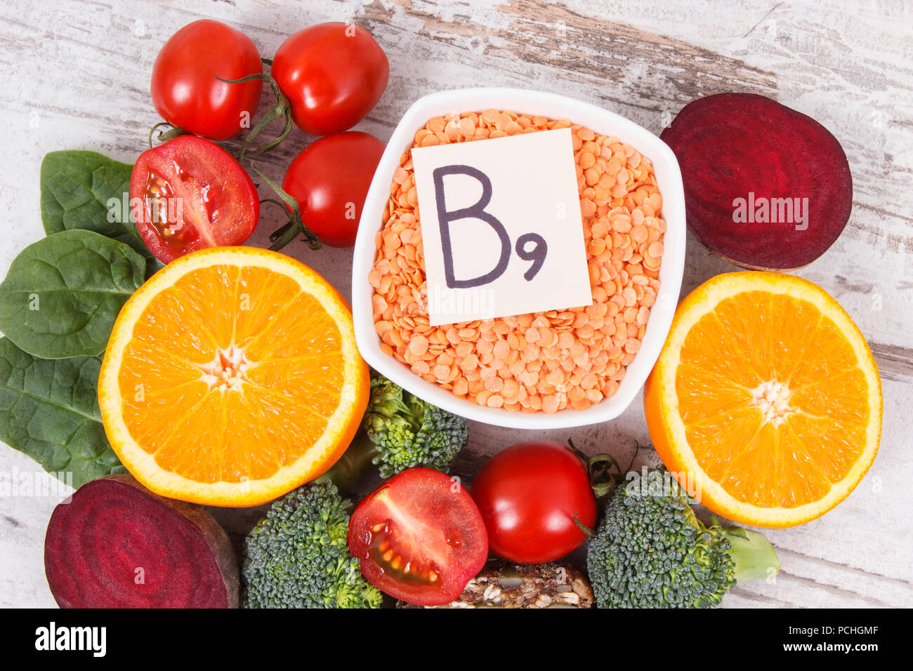 Nutritious different ingredients containing vitamin B9, dietary fiber ...