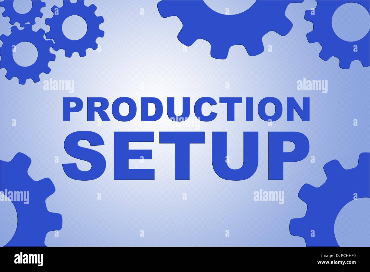 PRODUCTION SETUP concept sign concept illustration with blue gear wheel ...