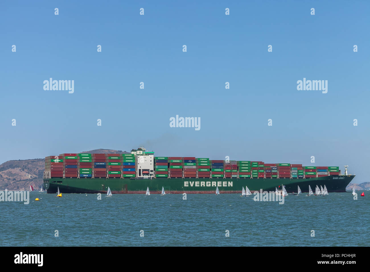 Evergreen cargo ship entered the San Francisco Bay, and the windsurfers ...