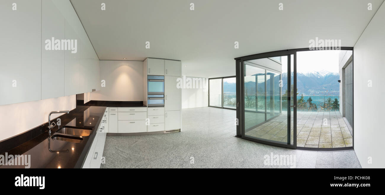 Modern architecture, wide apartment, domestic kitchen view Stock Photo ...
