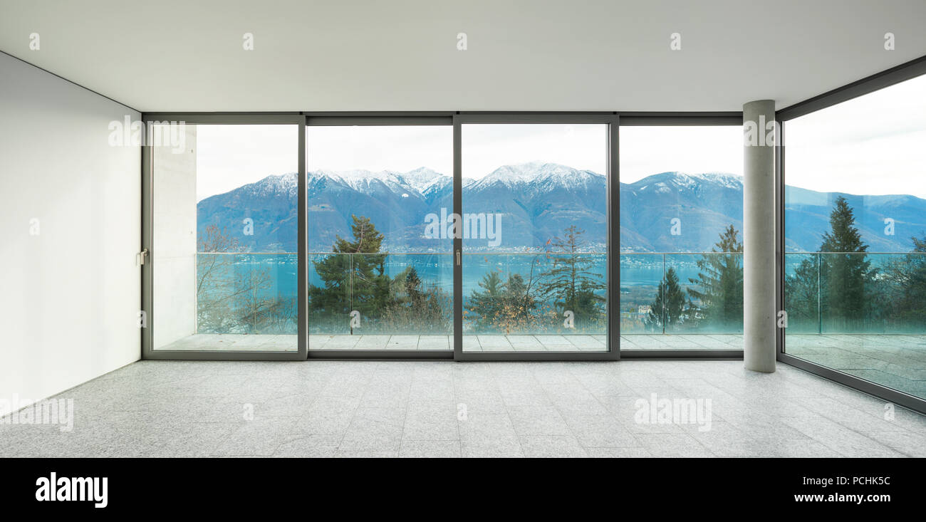 Modern architecture, wide apartment, room with windows Stock Photo - Alamy
