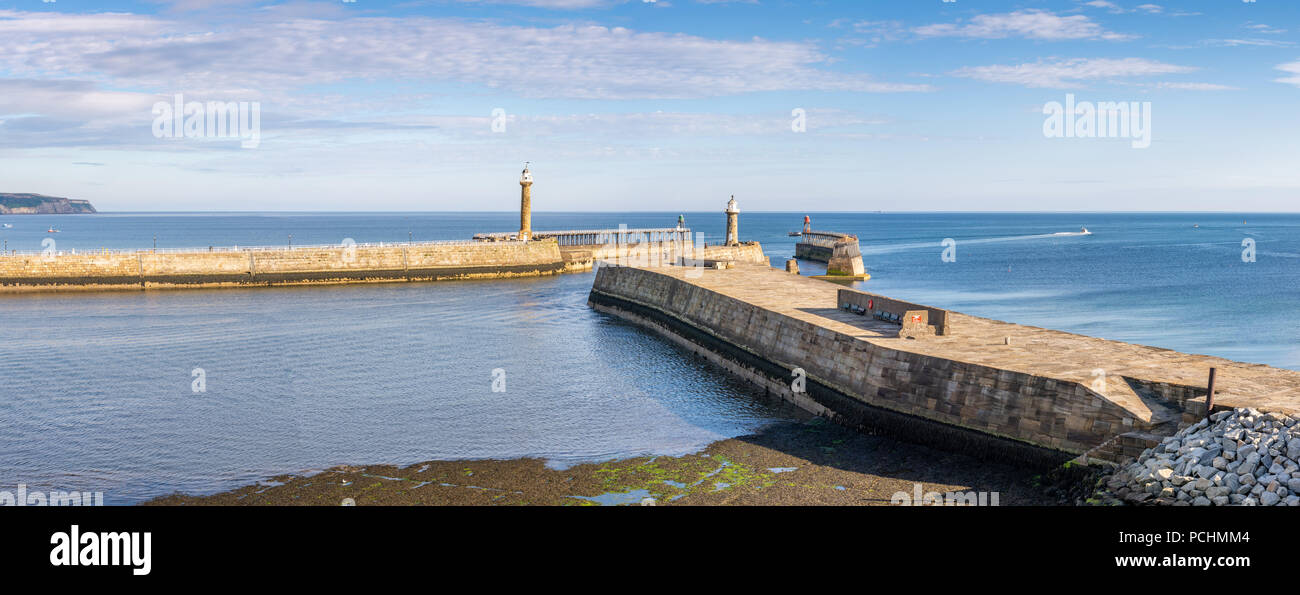 Whitby east and west pier lighthouses and harbour entrance beacons in ...