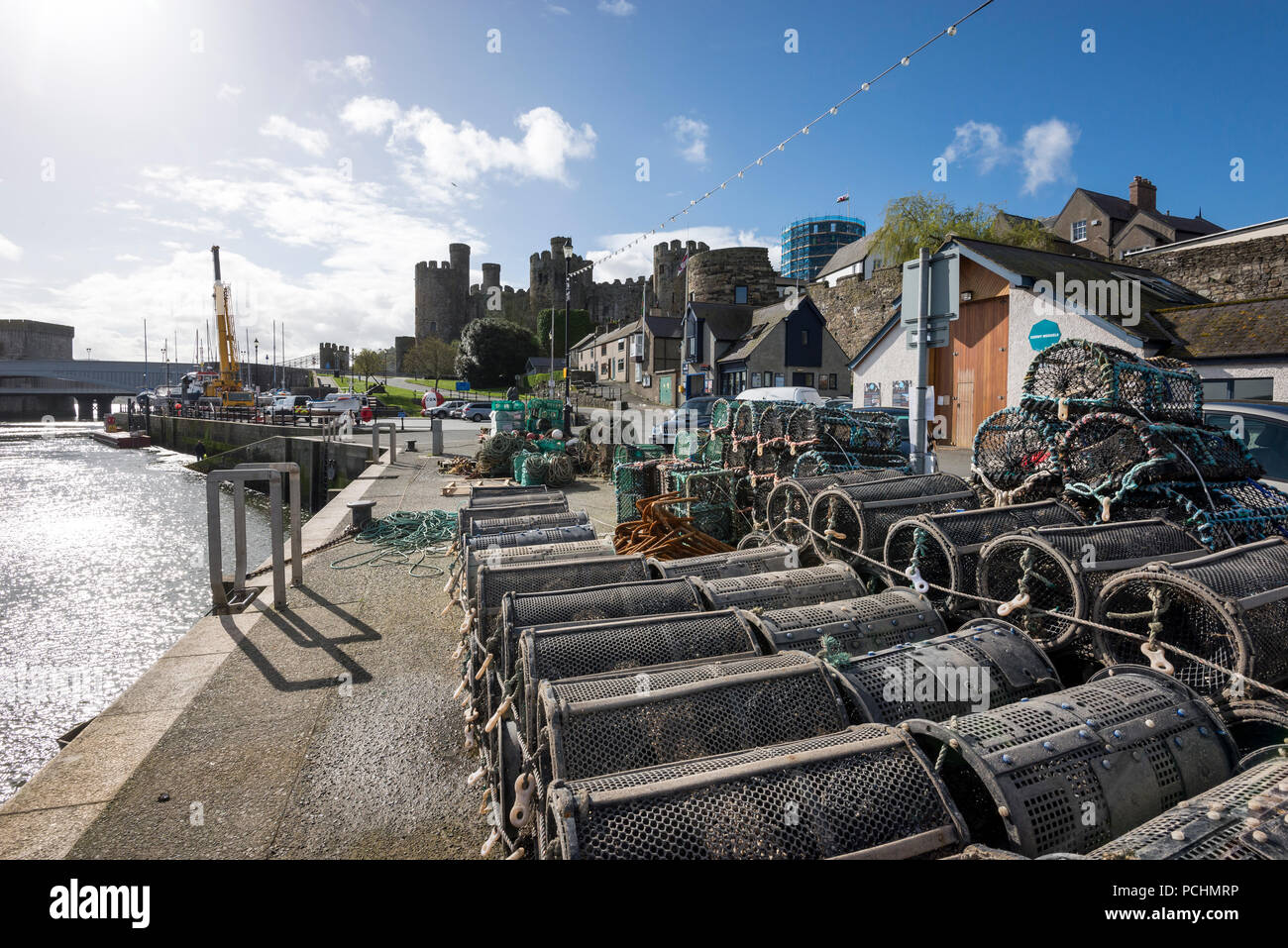 Fishing nets and lobster pots at Conwy harbour in North Wales, UK Stock ...