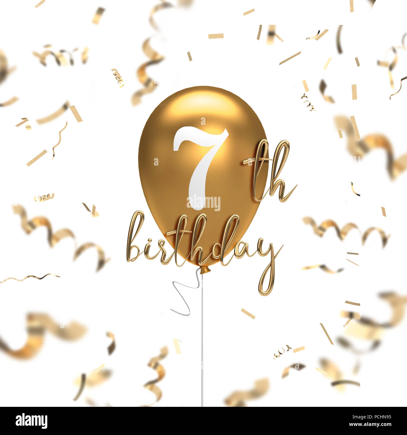 Happy 7th birthday gold balloon greeting background. 3D Rendering Stock ...