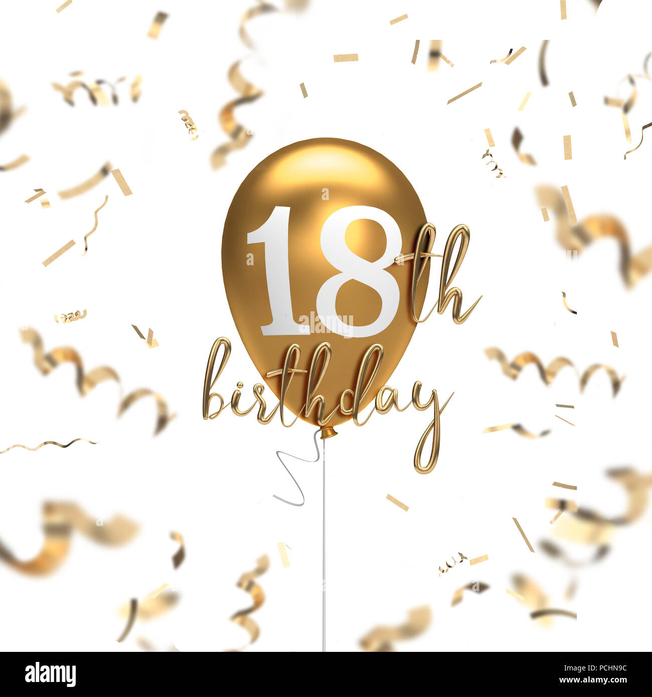 Happy 18th birthday gold balloon greeting background. 3D Rendering ...