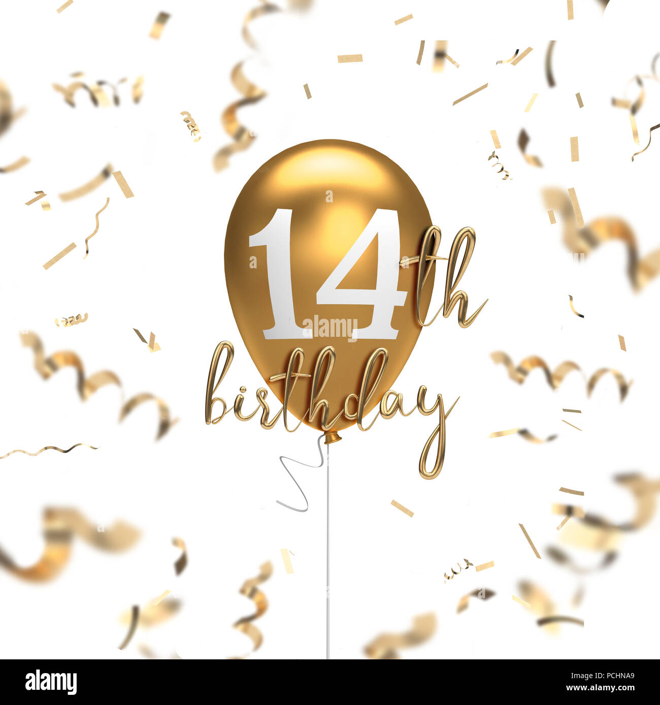 Happy 14th birthday gold balloon greeting background. 3D Rendering ...