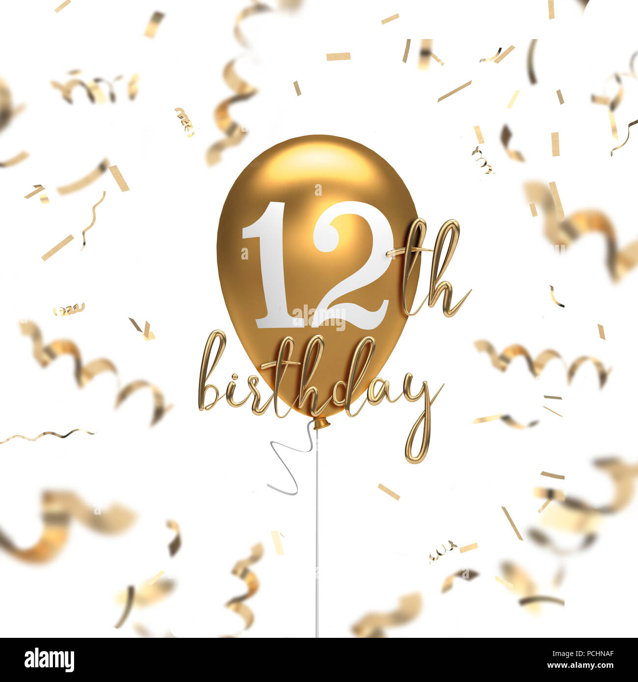 Happy 12th birthday gold balloon greeting background. 3D Rendering ...