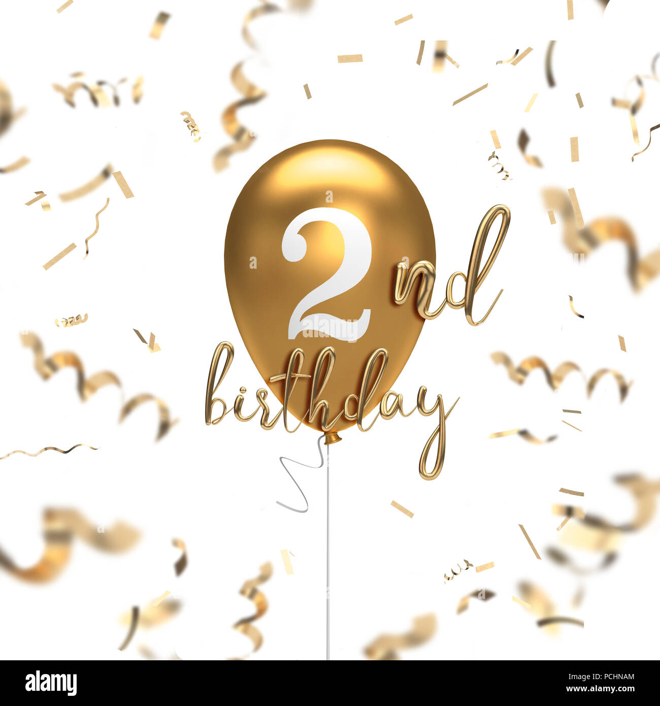 Happy 2nd birthday gold balloon greeting background. 3D Rendering Stock ...