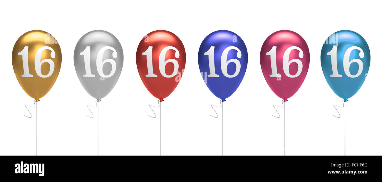 Number 16 birthday balloons collection gold, silver, red, blue, pink ...