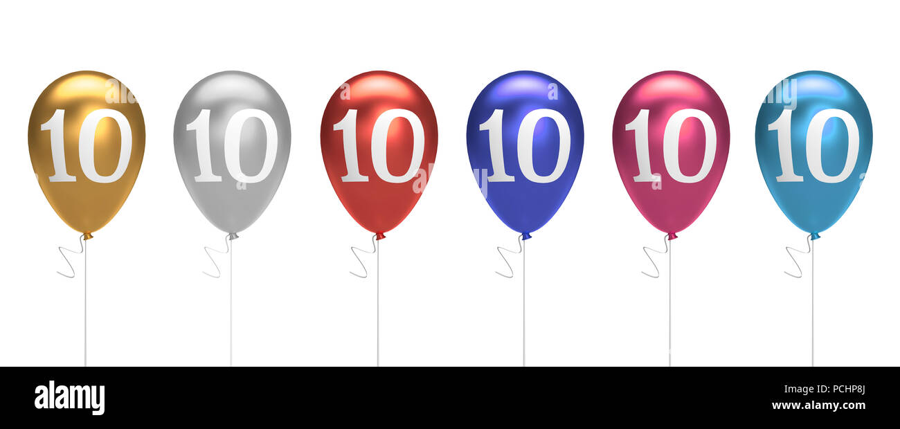 Number 10 birthday balloons collection gold, silver, red, blue, pink ...