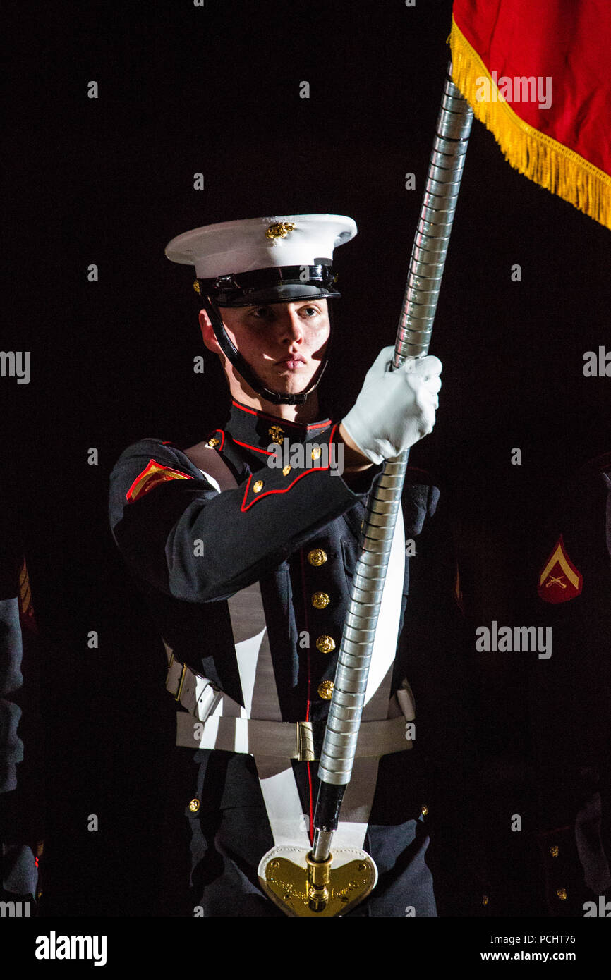 A Marine with the U.S. Marine Corps Color Guard carries the Marine ...