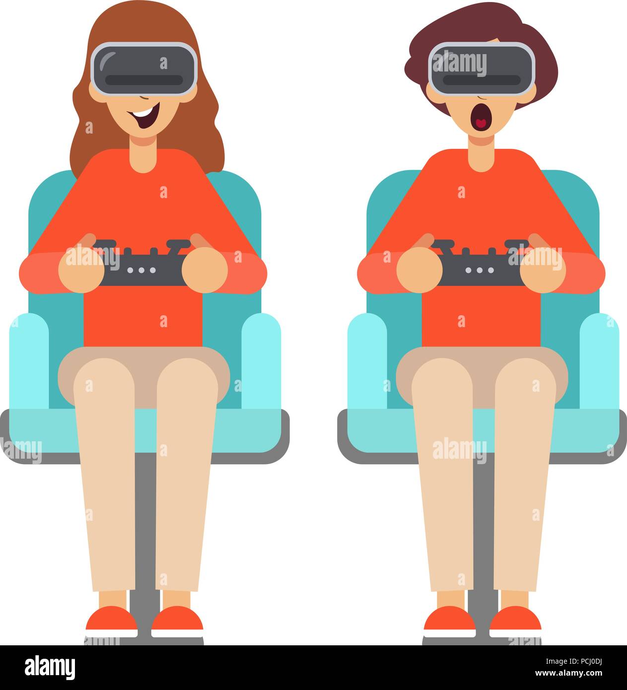 Man and woman use virtual reality glasses with controllers. Vector ...