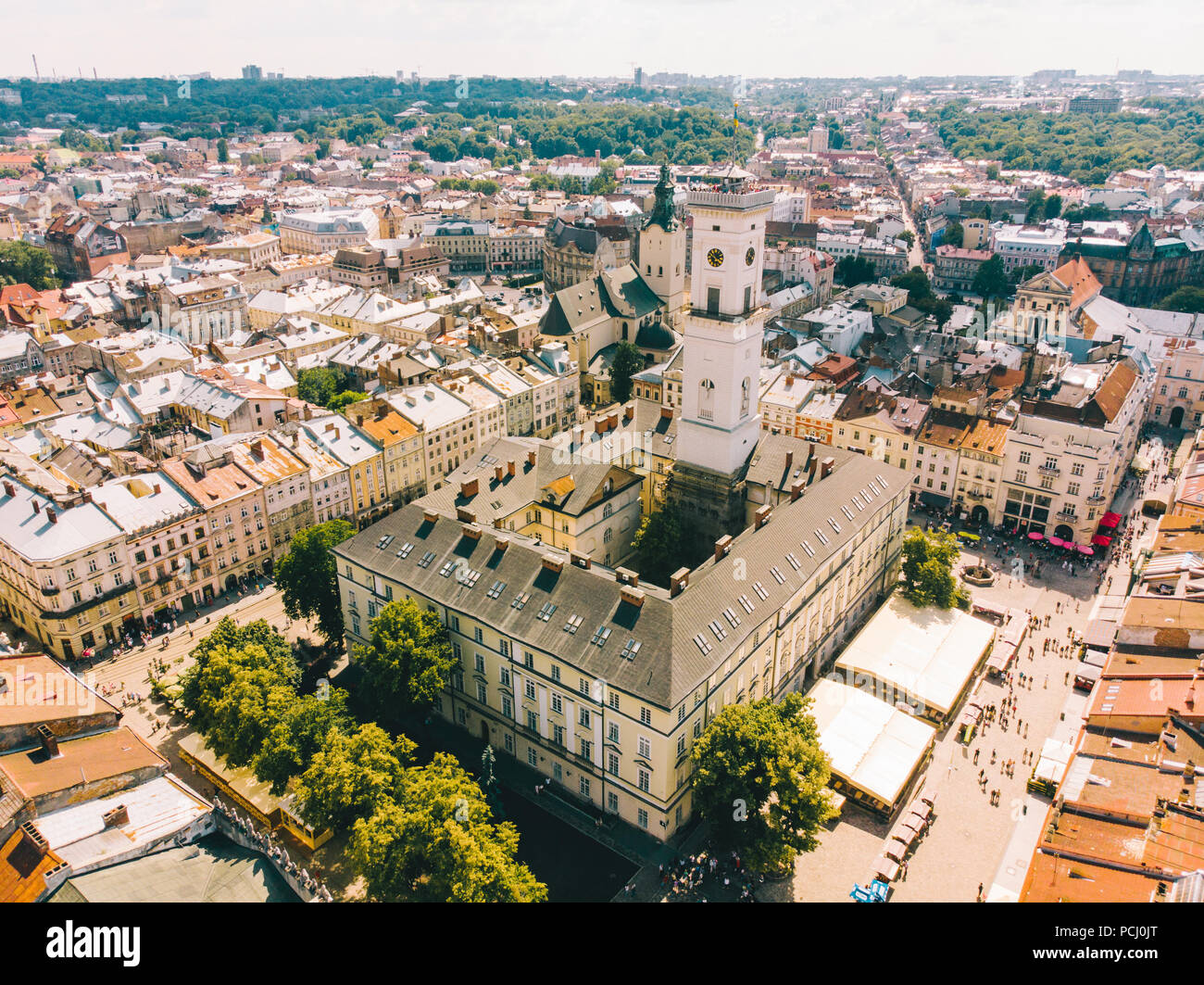aerial view of old european city. tower of city hall. summer time Stock ...