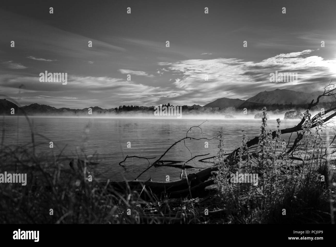 Autumn in Lake Pukaki , south Island, New Zealand landscape, with B&W ...