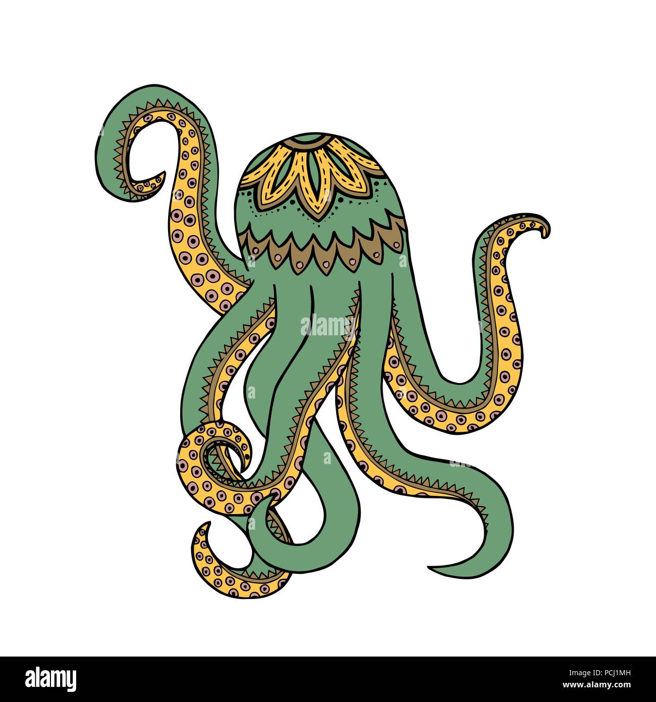 Green yellow octopus tangle pattern. Doodle animals with tentacles ...