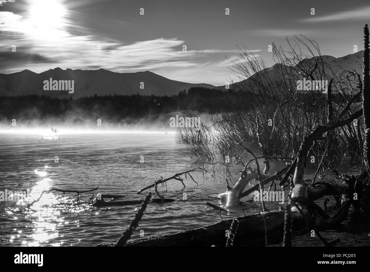 Autumn in Lake Pukaki , south Island, New Zealand landscape, with B&W ...