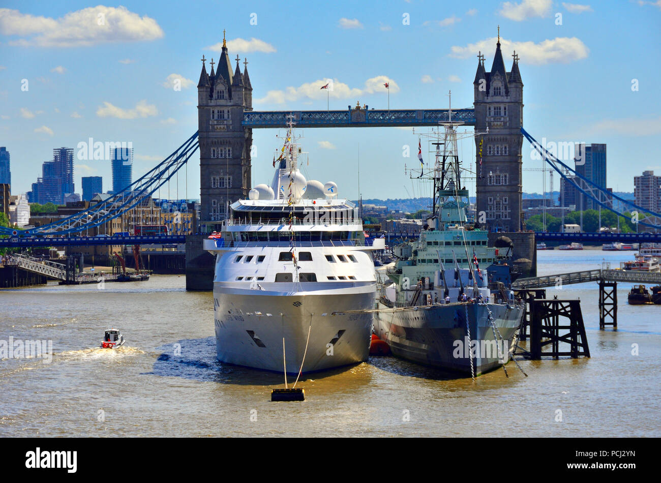 Silver Wind cruise ship moored next to HMS Belfast on the River Thames ...
