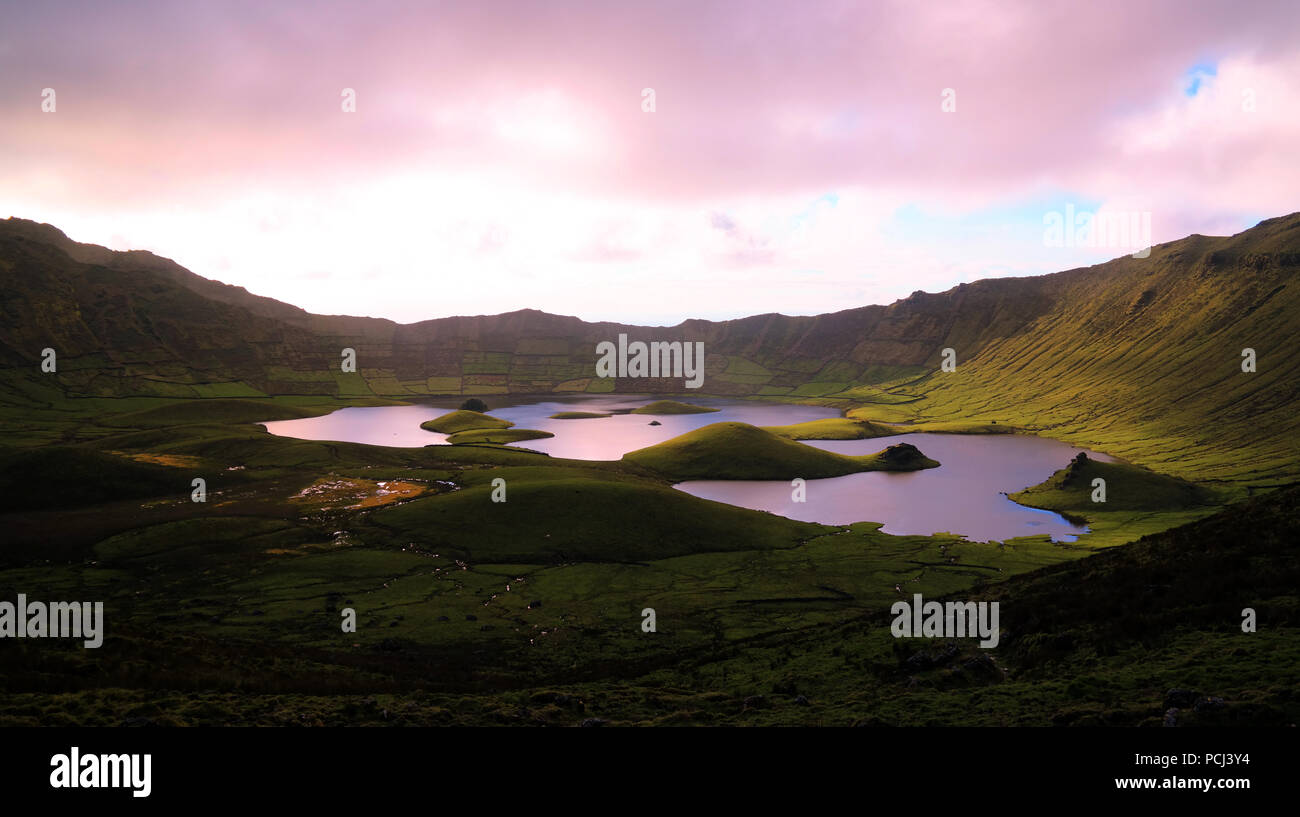 Landscape sunset view to Caldeirao crater at Corvo island, Azores ...