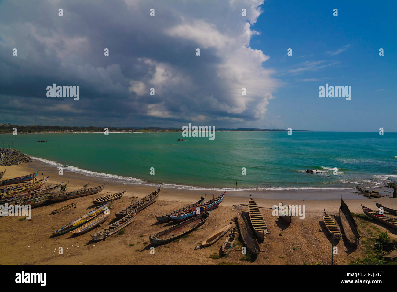 Landscape view to atlantic ocean and fishing boats from the roof of ...