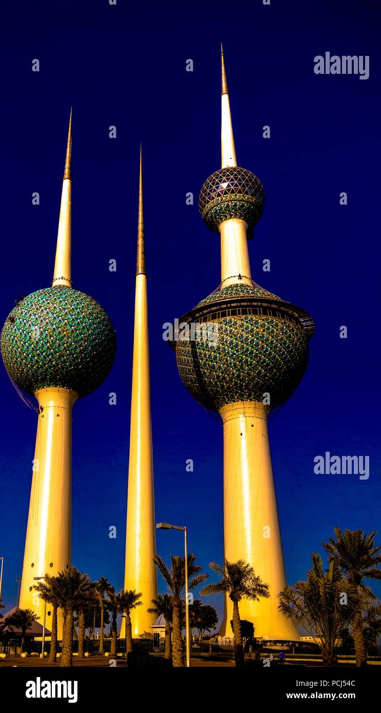 Exterior view to fresh water reservoir aka Kuwait Towers in Kuwait ...