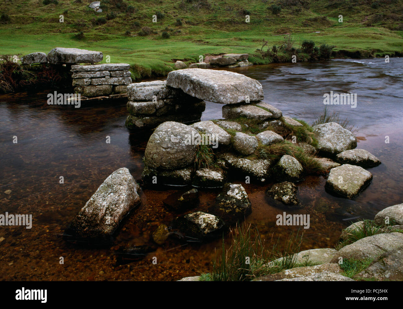 View ESE of a ruined clapper bridge over the East Dart River at ...