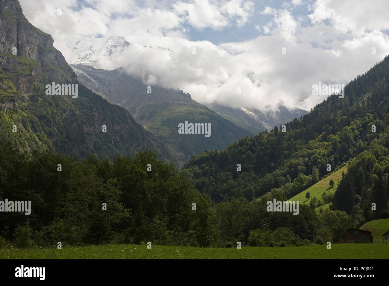 The spectacular upper Lauterbrunnen valley at Stechelberg, with the ...