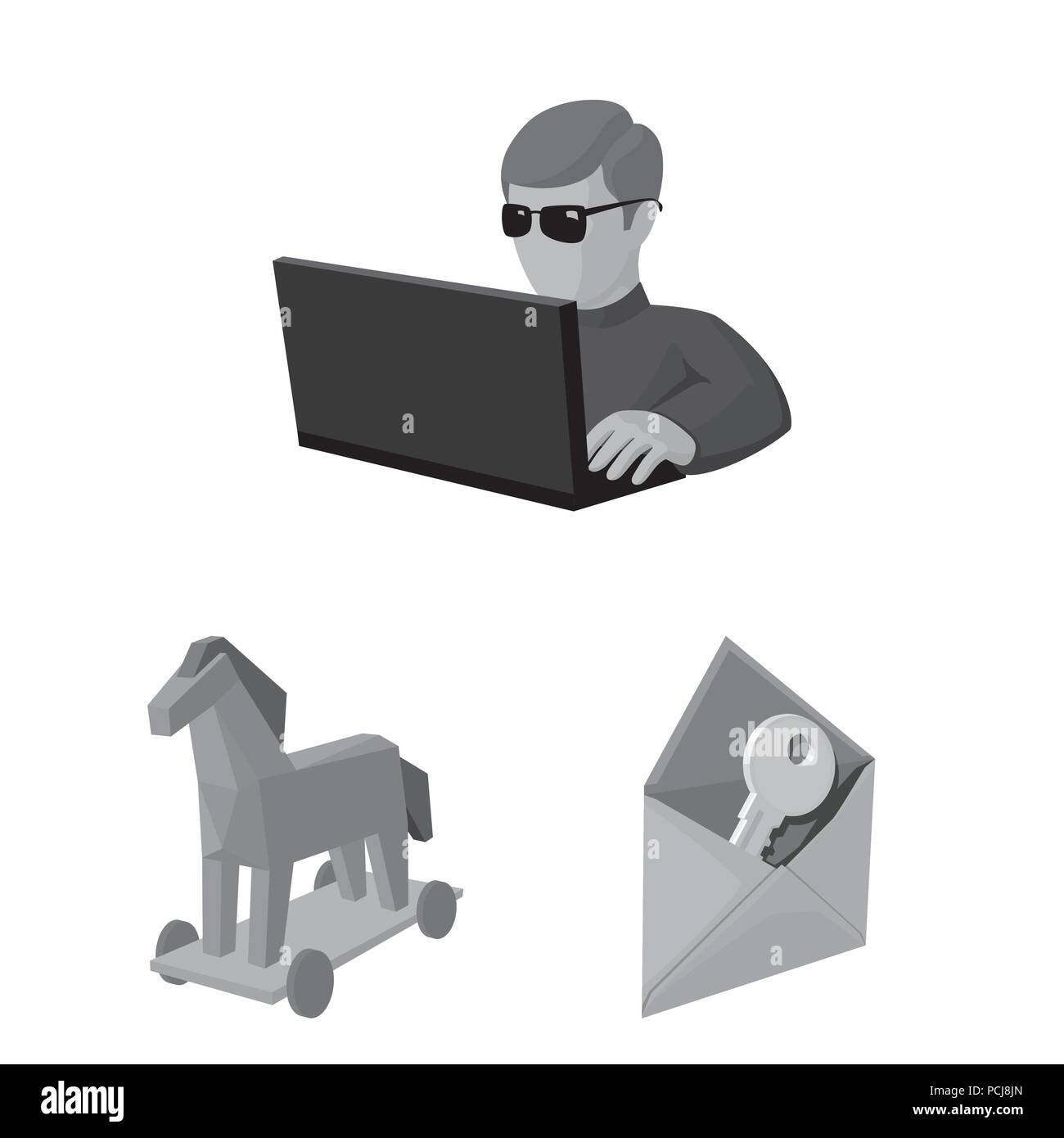 Hacker and hacking monochrome icons in set collection for design. Hacker and equipment vector ...