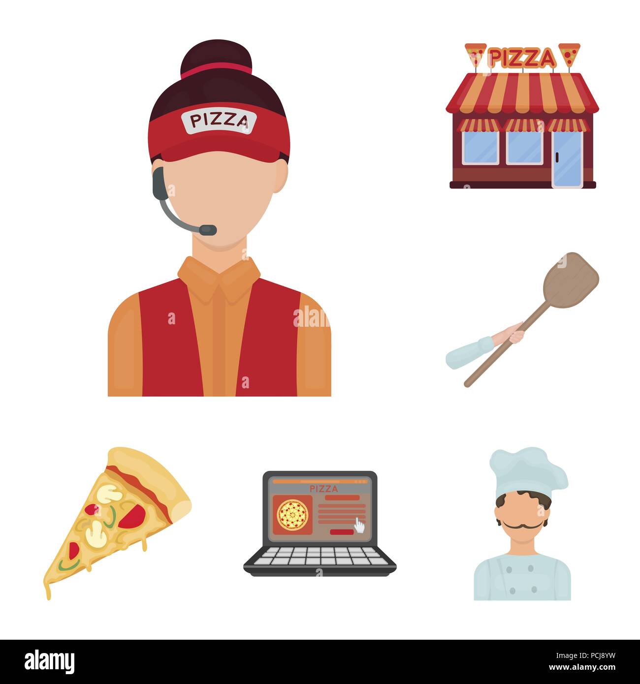 Pizza and pizzeria cartoon icons in set collection for design. Staff ...