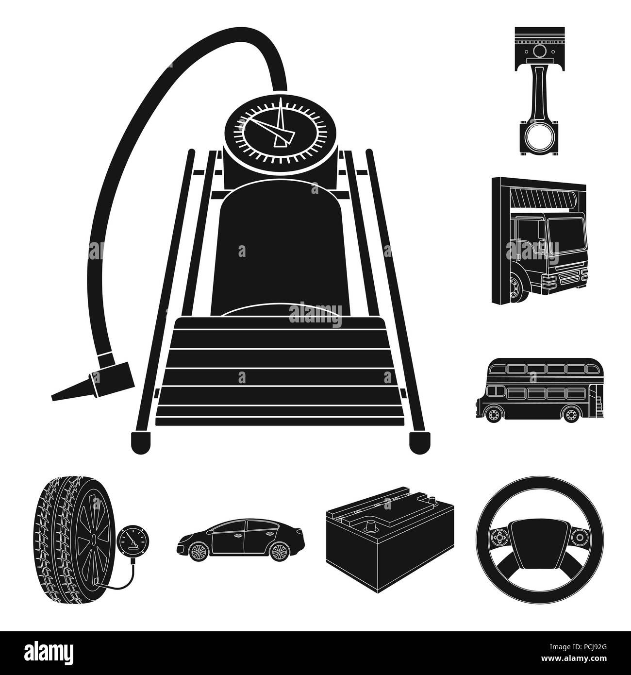Car, lift, pump and other equipment black icons in set collection for ...