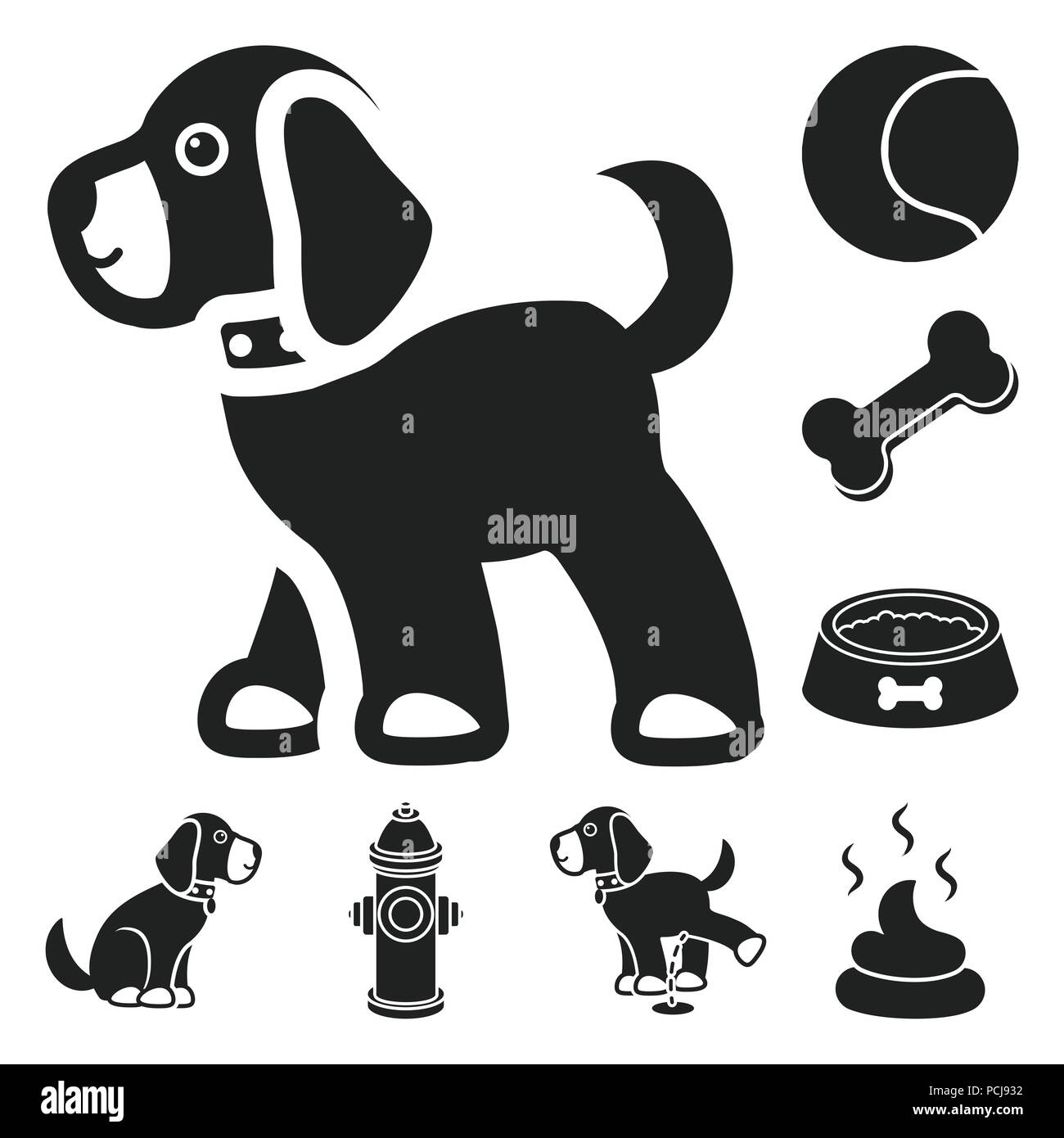 Pet dog black icons in set collection for design. Caring for the puppy ...