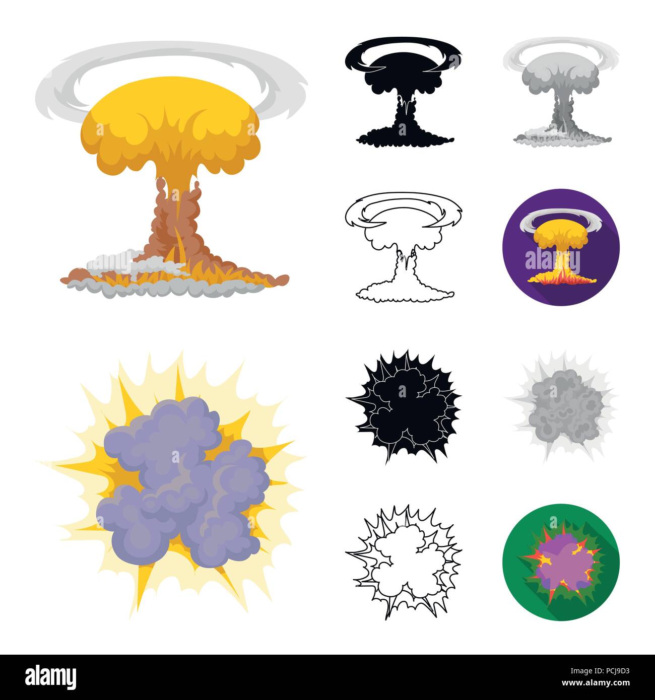 Different explosions cartoon,black,flat,monochrome,outline icons in set ...