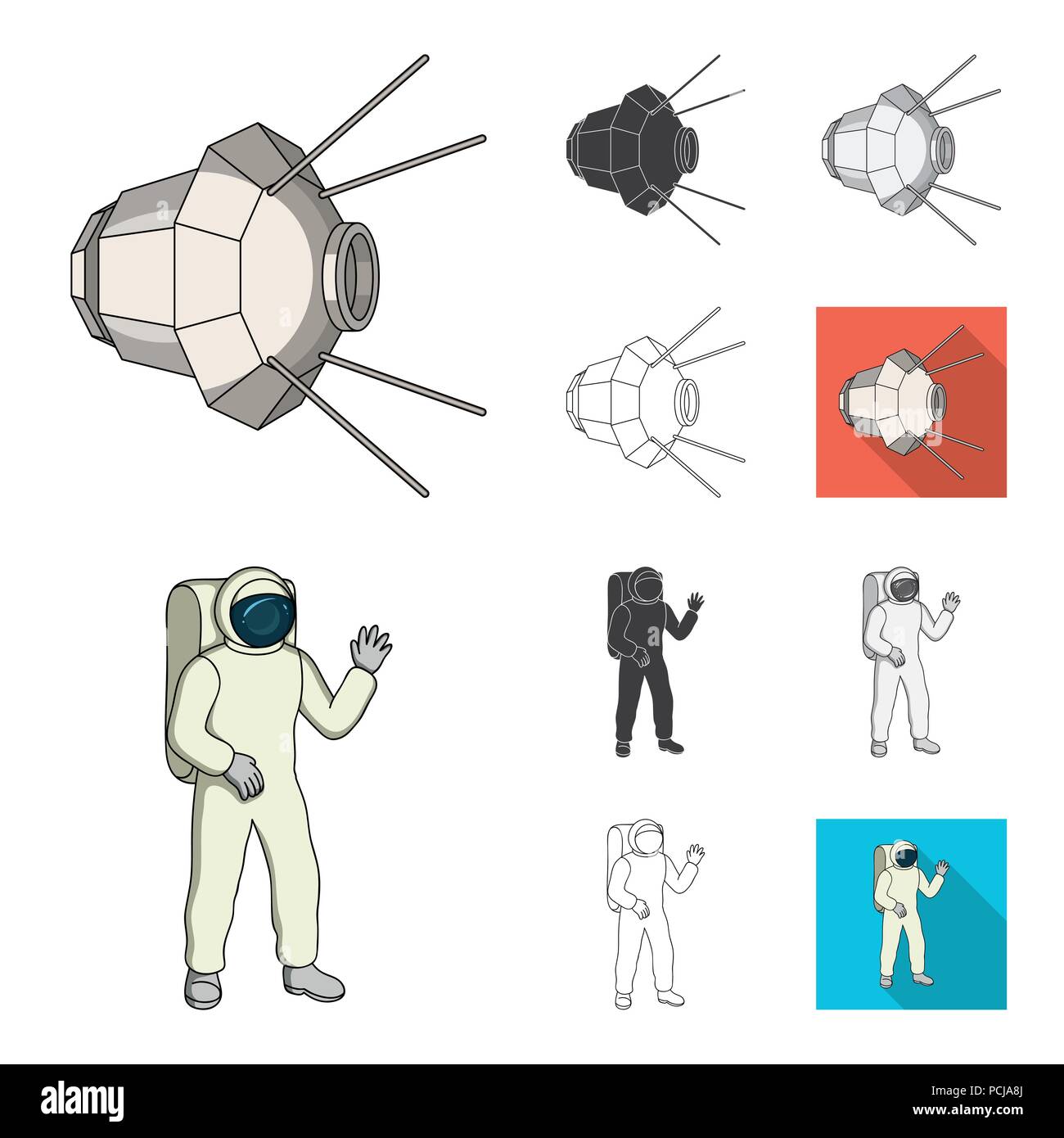 Space technology cartoon,black,flat,monochrome,outline icons in set ...