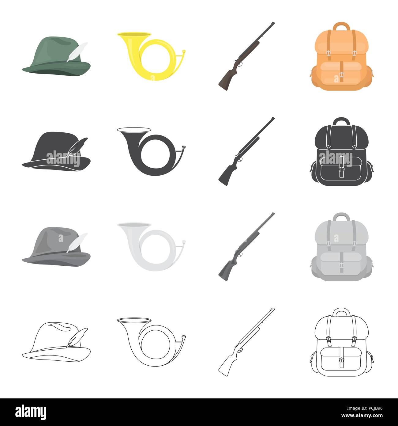 Hunter's hat, signal horn, hunting rifle, backpack with things. Hunting ...