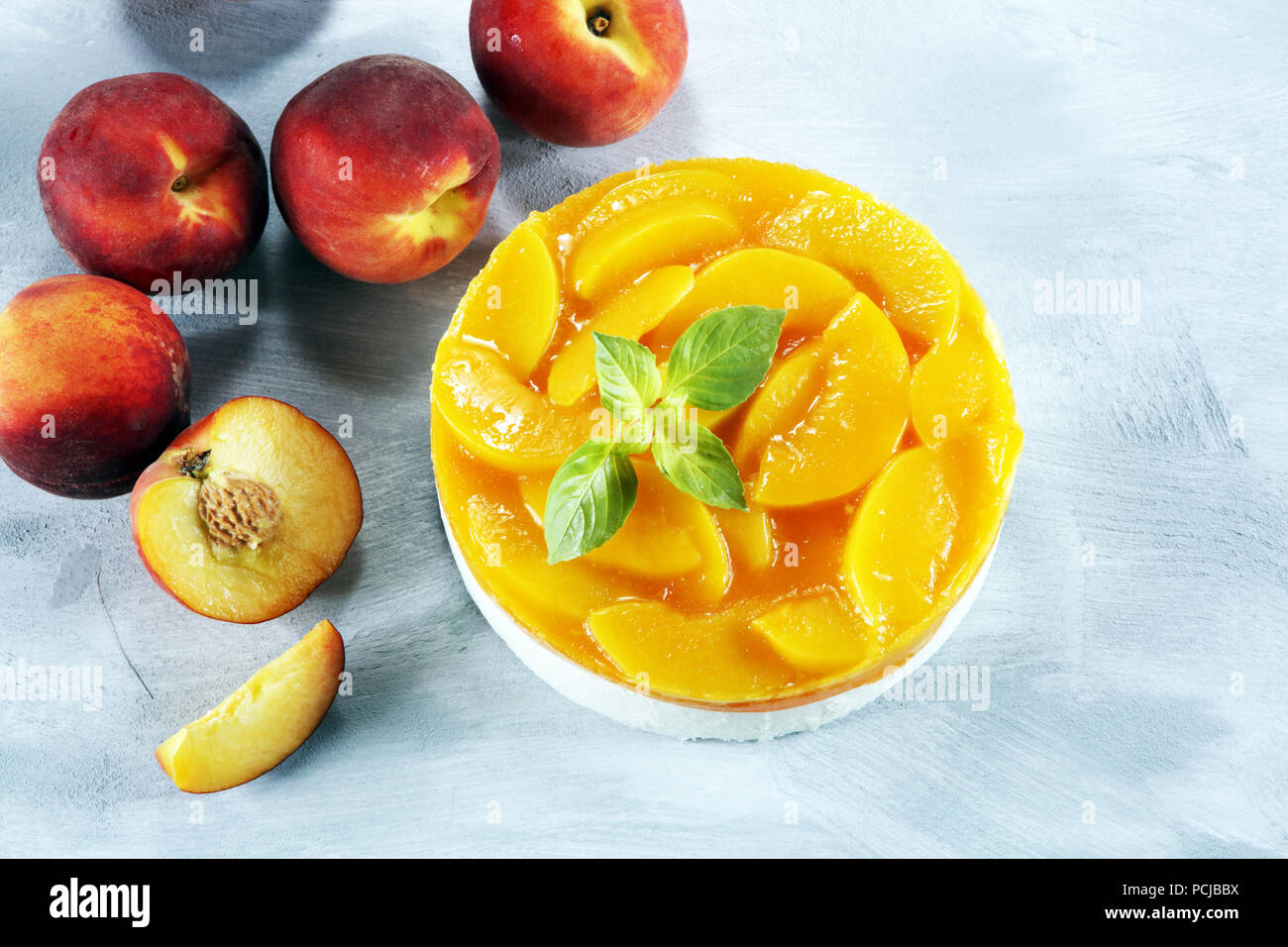 cheesecake with peache. Homemade cream cake with peaches Stock Photo ...