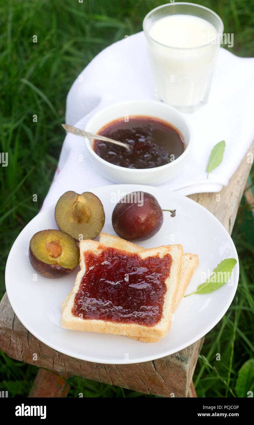 Toast with plum jam and milk and fresh plums on a green lawn background ...