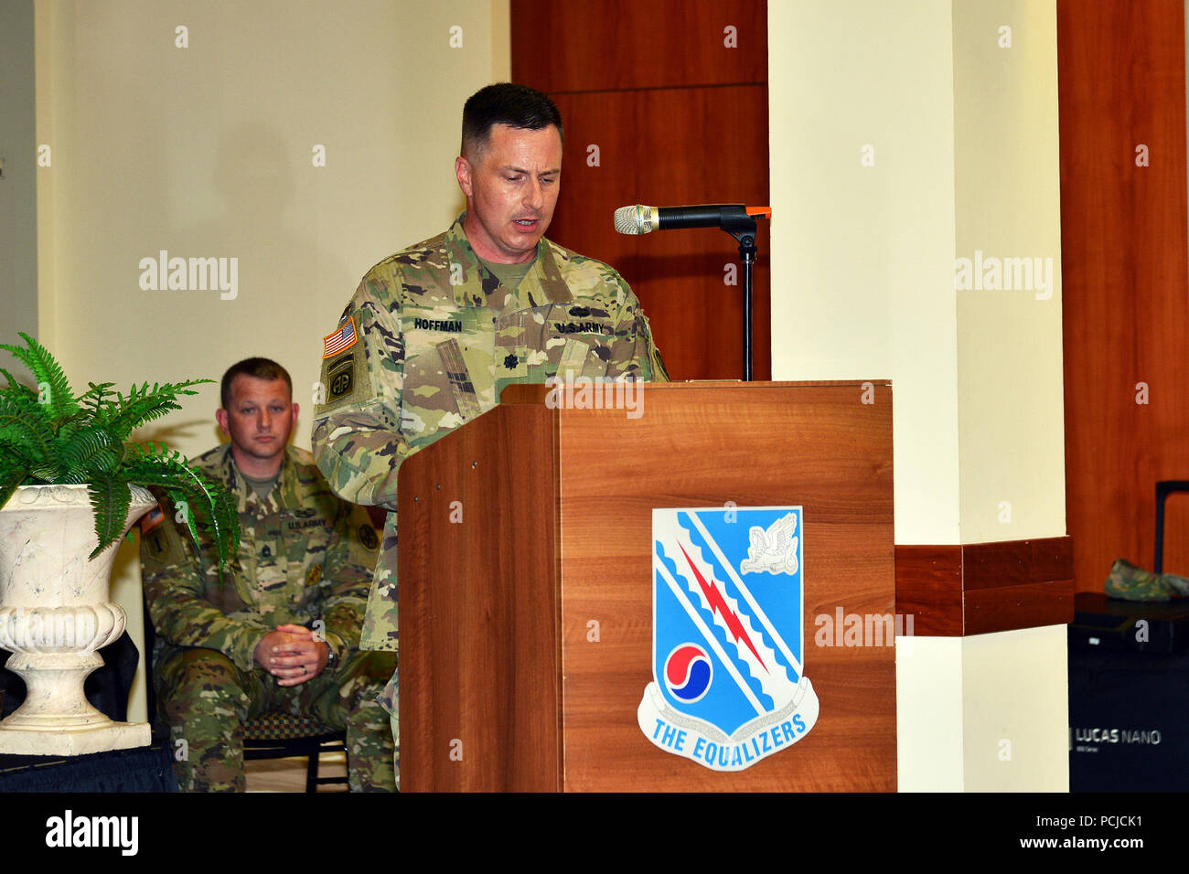 U.S. Army Lt. Col. Jared A. Hoffman, commander of 522nd Military Intelligence Battalion, gives a ...