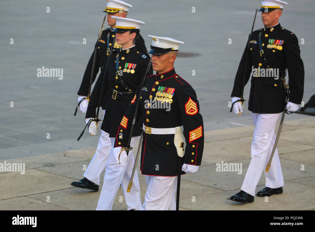 Marines with the Marine Barracks Washington D.C. parade marching staff ...
