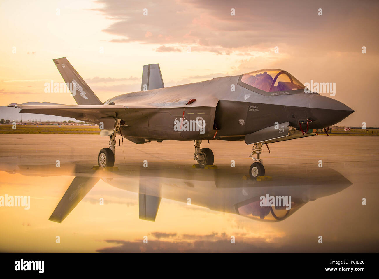 A Royal Australian Air Force F-35A Lightning II is reflected off the ...