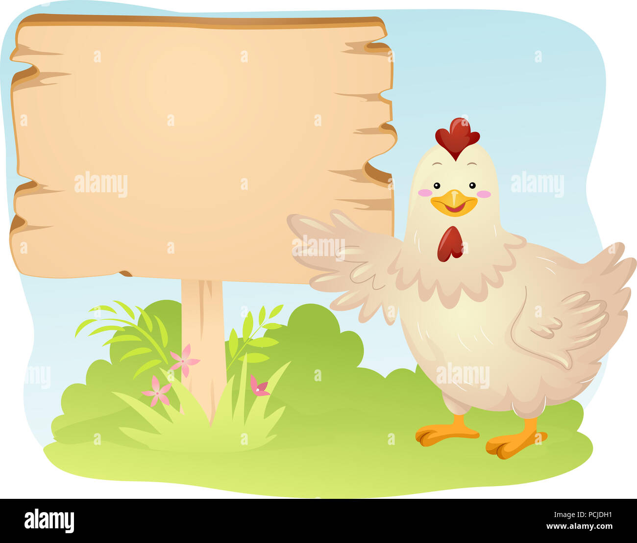 Illustration of a Chicken Mascot Pointing to a Blank Sign Board Stock ...