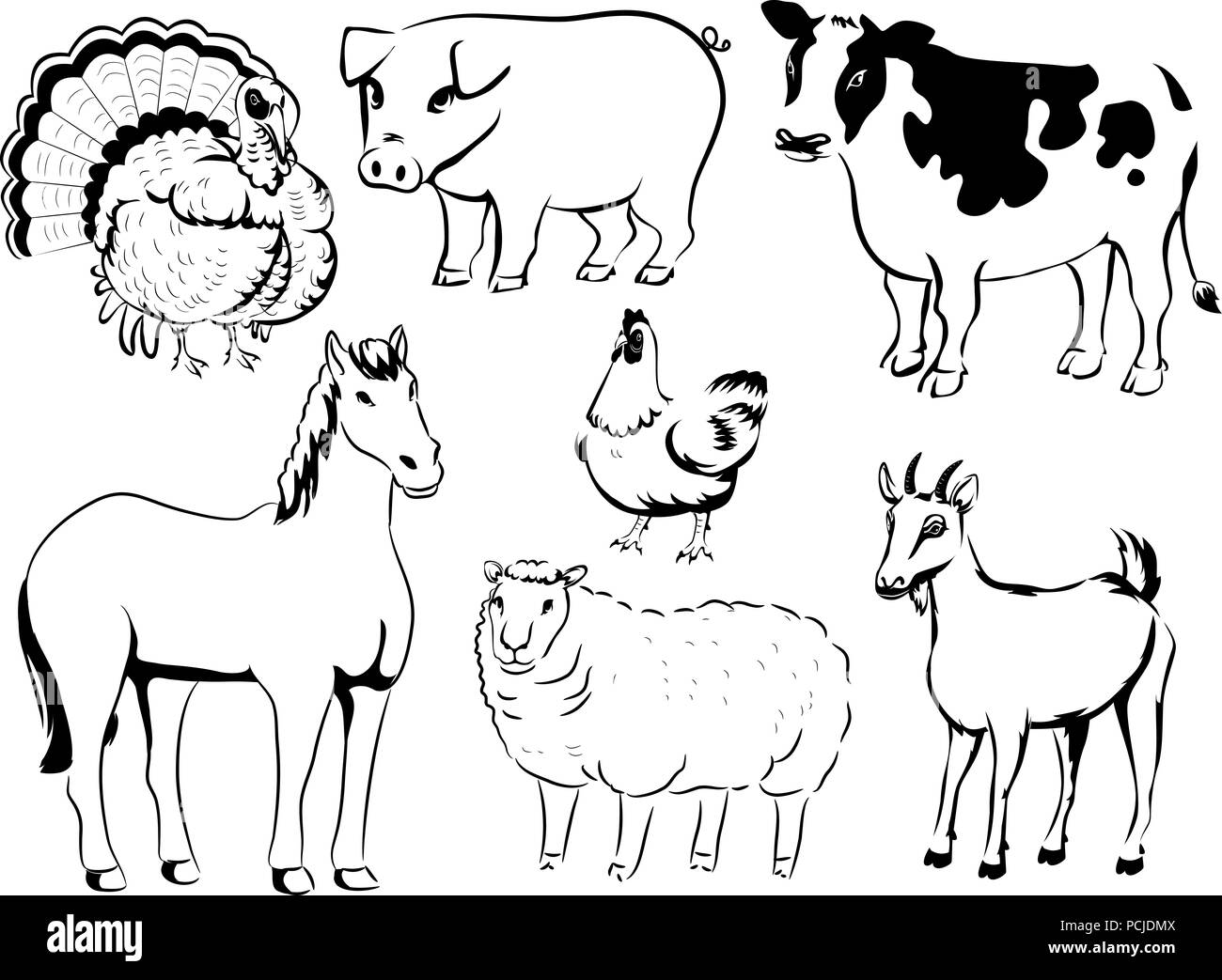 Illustration of Farm Animals from Peacock, Pig, Cow, Horse, Chicken ...