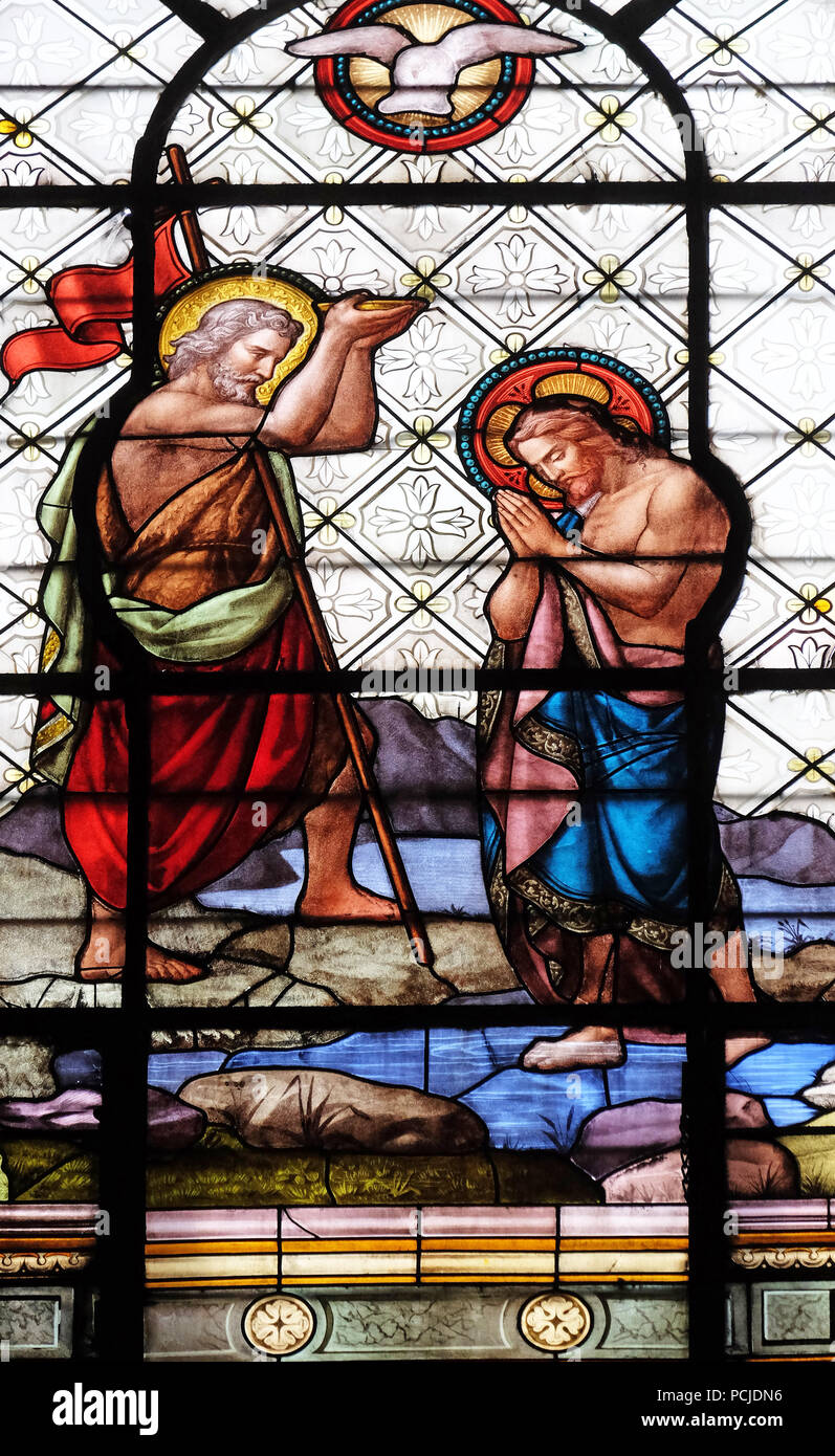 Baptism of the Christ, stained glass window in the Basilica of Notre ...
