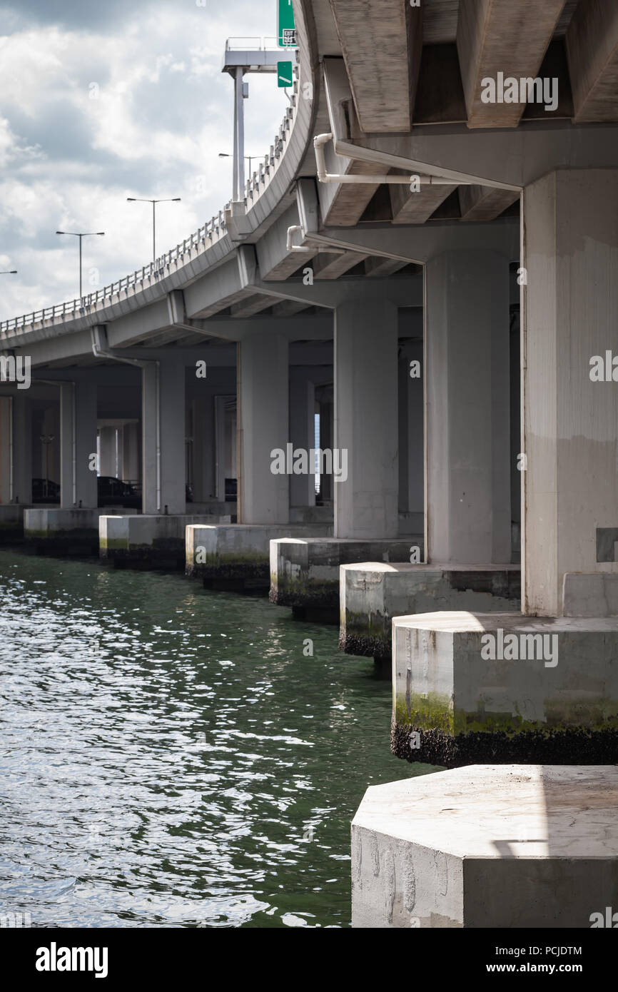 Urban concrete bridge, span bottom details, columns and beams, vertical ...