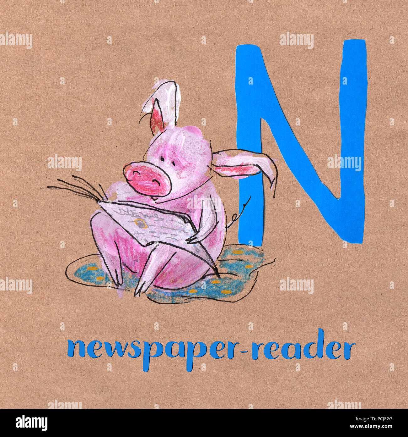 Alphabet for children with pig. Letter N. Newspaper readercraft phone ...