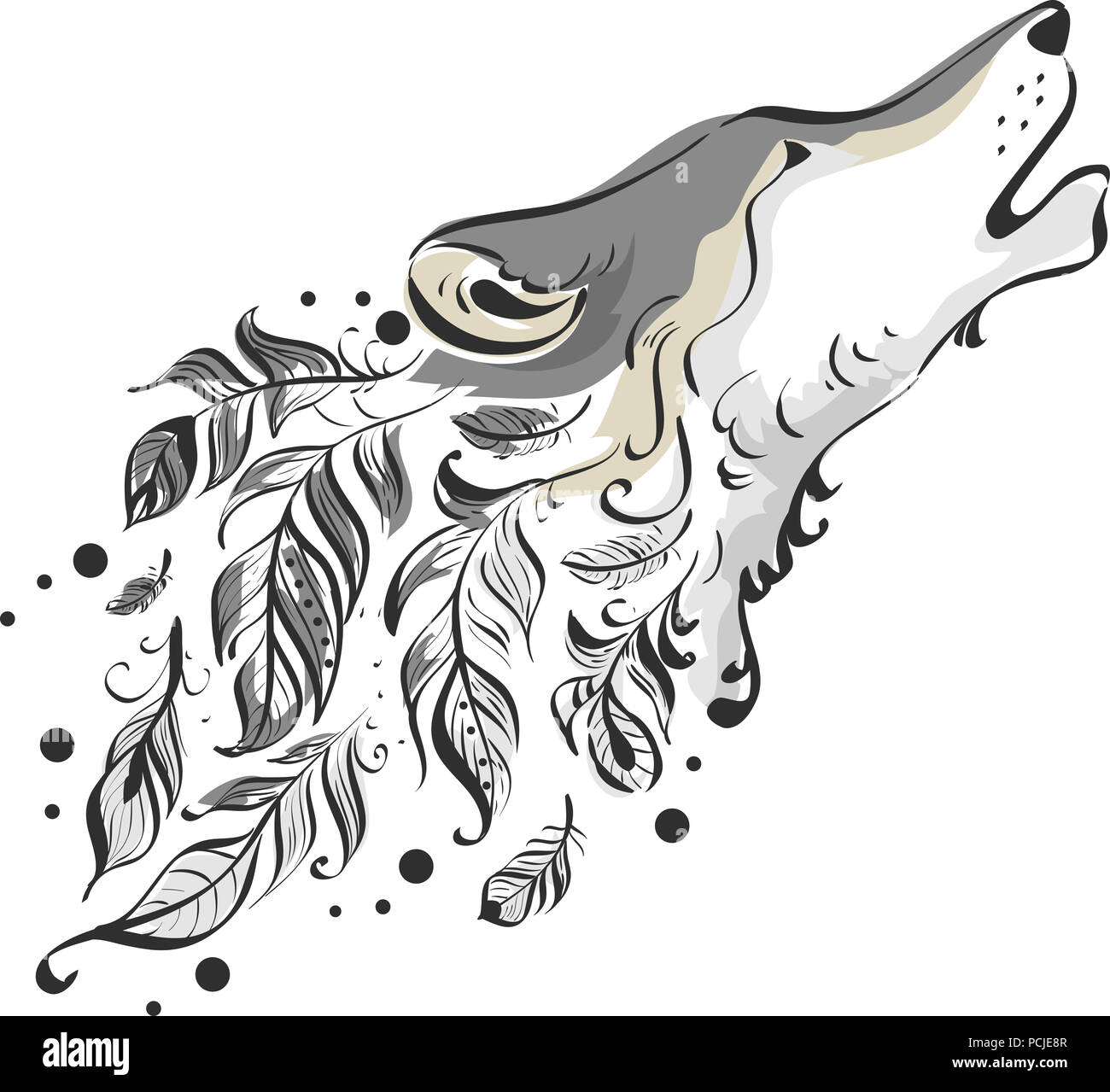 Illustration of a Wolf Howling Boho Design with Feathers Flowing Stock ...