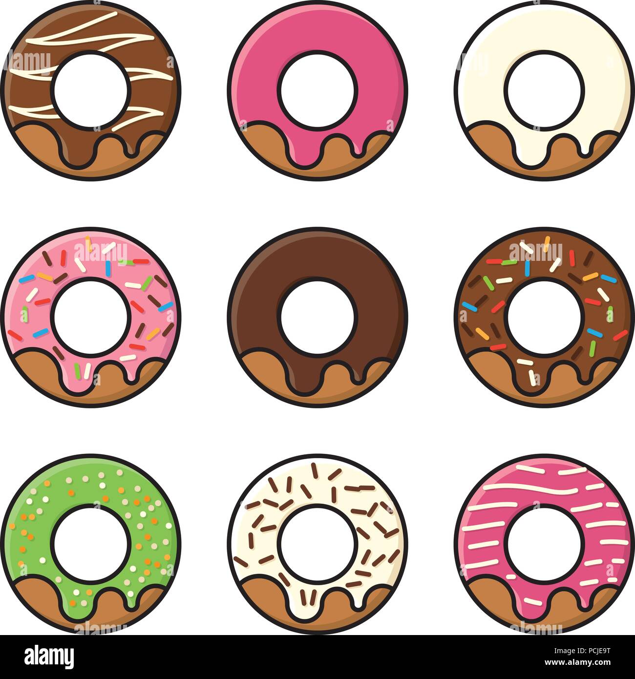 Set of nine filled line donut icons with a variety of flavors and ...