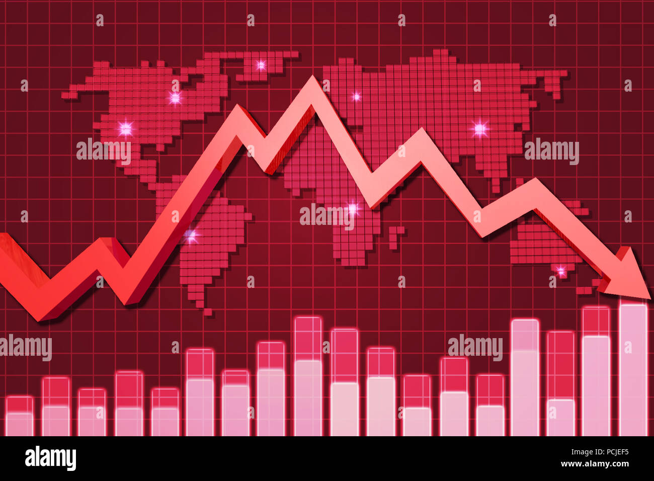 Red theme arrow down trend with volume with world map on grid ...