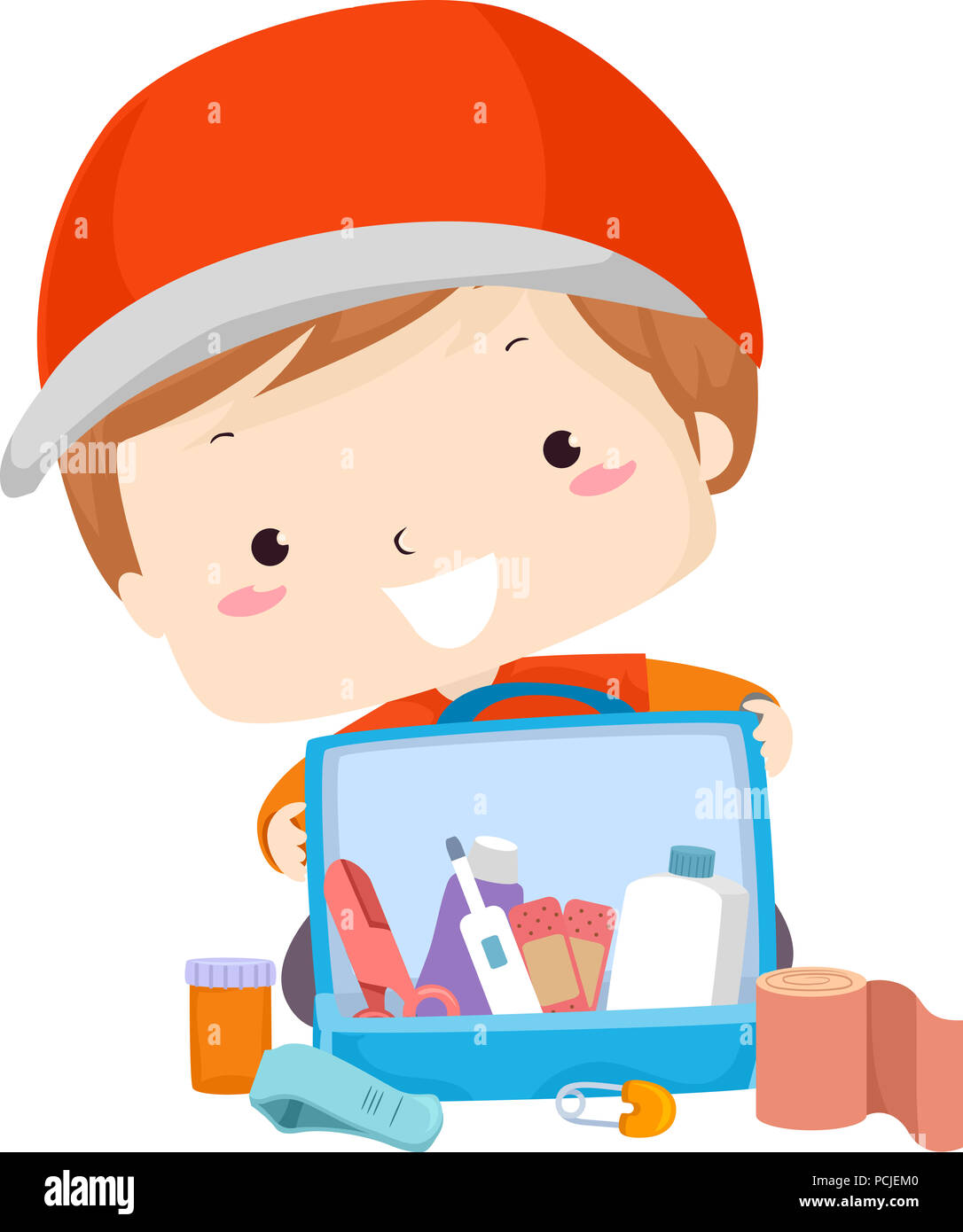 Illustration of a Kid Boy Showing the Contents of His First Aid Kit for ...