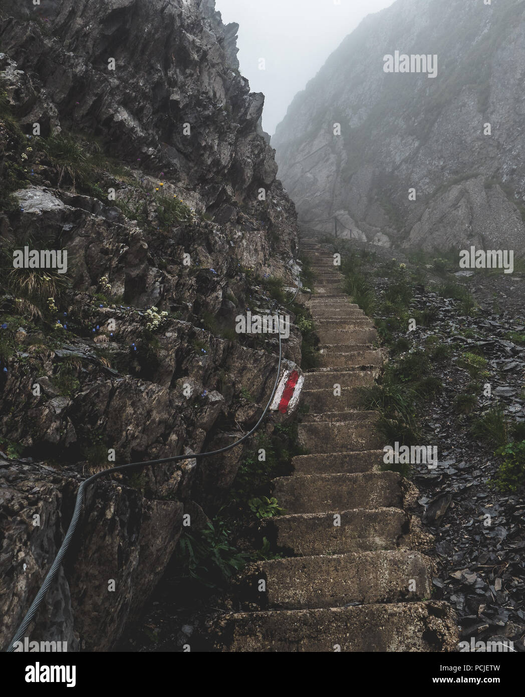 scary steep hiking path with stairs on steep mountain. hiking path sign ...